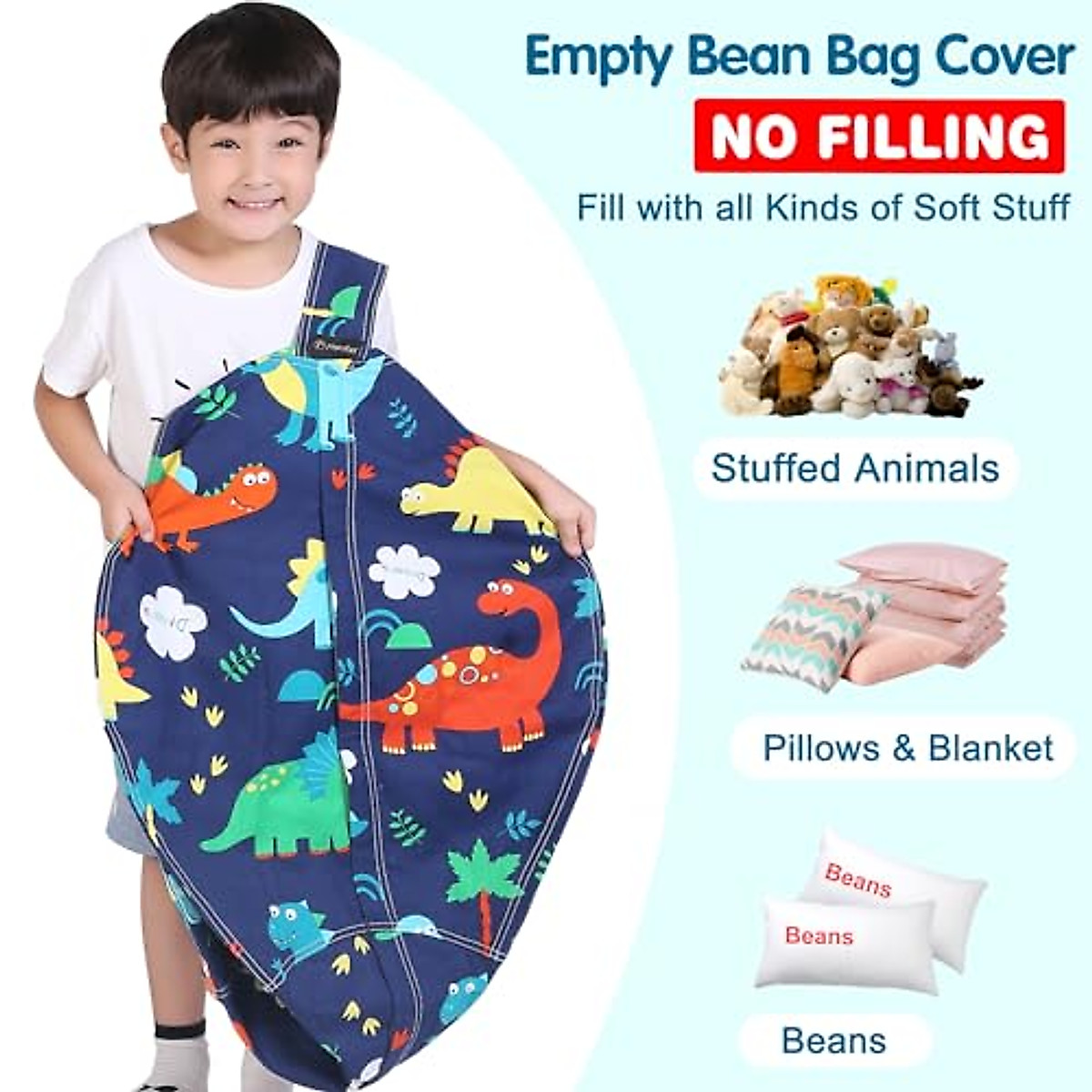 Lukeight Stuffed Animal Storage Bean Bag Chair Cover for Kids, Dinosaur Zipper Beanbag Chair Cover for Organizing Toddler & Kids' Rooms Plush Toys (Dinosaur, Large)