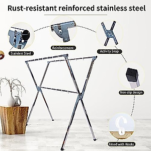 HYZSWGC Foldable Clothes Drying Rack, 95 Inches Adjustable Stainless Steel Laundry Drying Rack with 20 Windproof Hooks for Clothes, Blanket, Llinens, Shoes, Indoor/Outdoor