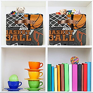 susiyo Grunge Basketball Modern Open Storage Bins 1 Pack, Large Canvas Storage Baskets with PU Handles Collapsible Storage Box Organizers for Home Closet Nursery Toys Dorm Office Laundry