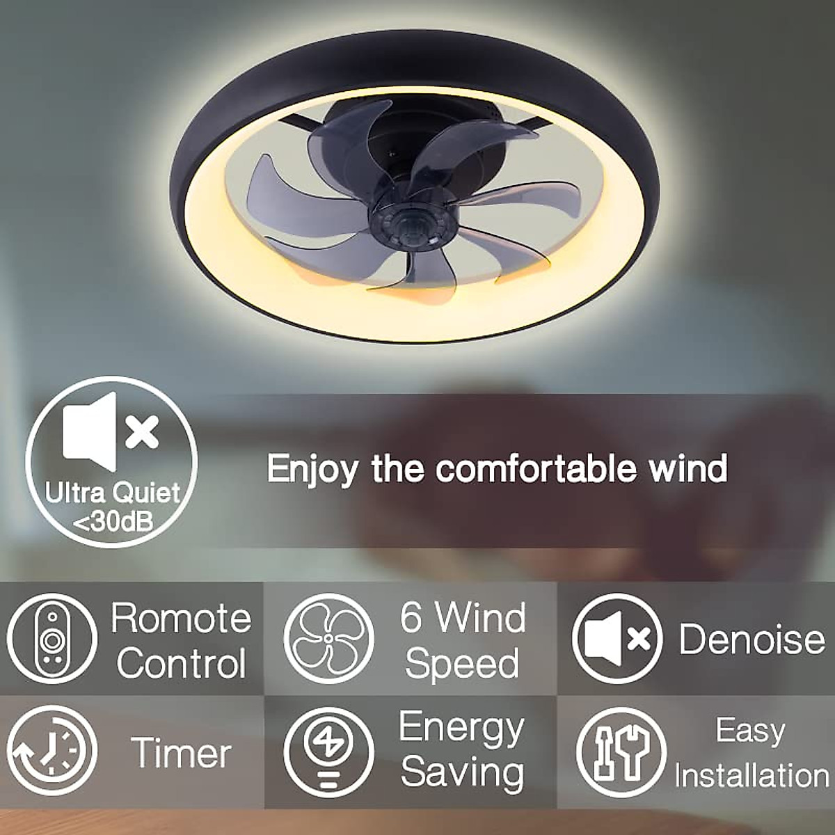 Femony Ceiling Fans with Light,20" Dimmable Modern Ceiling Fans with Lights and Remote,3 Light Color Change/6-Speed/Timing Setting,Flush Mount Ceiling Fan for Bedroom,Matte Black Finish