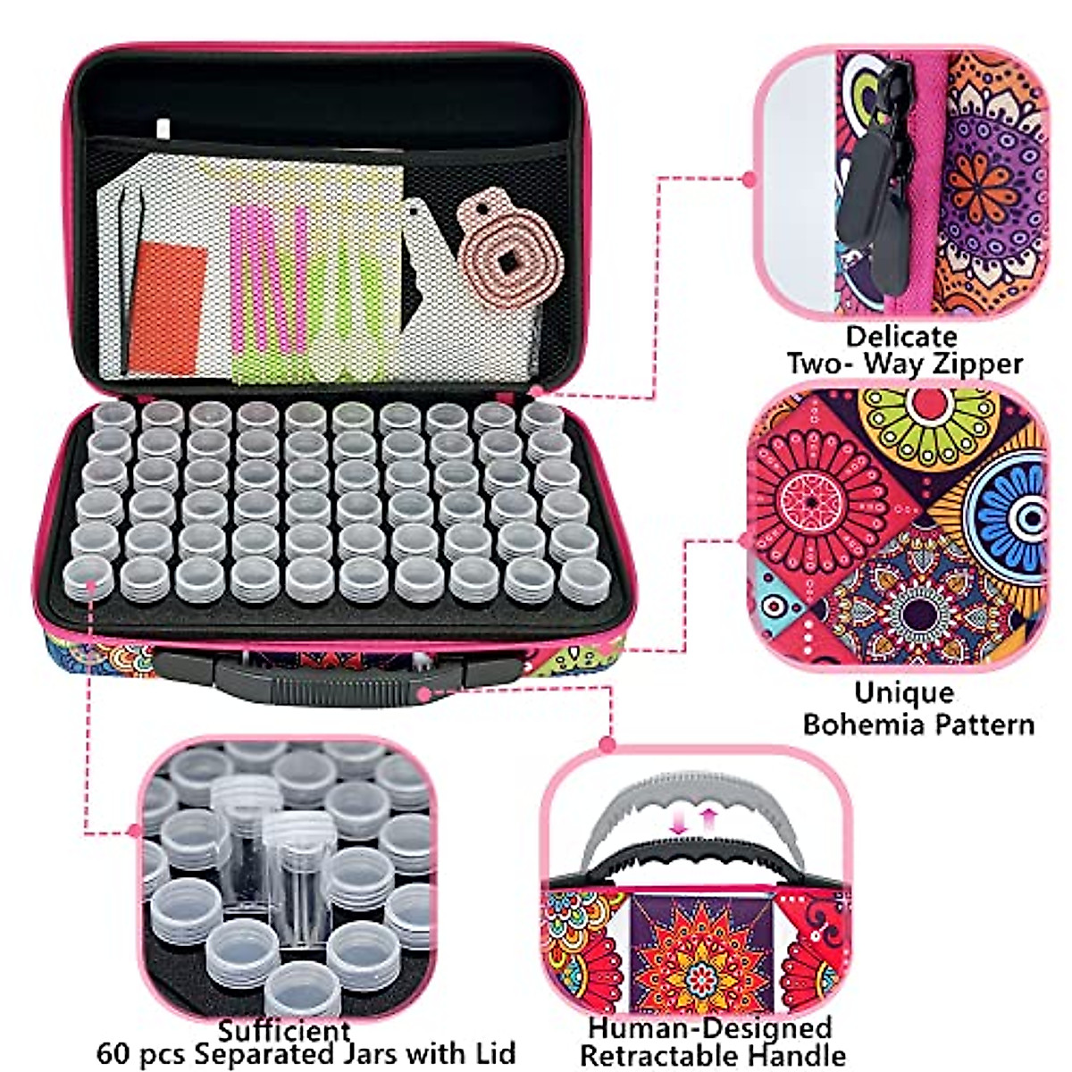 Diamond Painting Storage Containers 60 Slots Big Capacity Diamond Painting Accessories 5D Diamond Painting Tools Set DIY Art Craft Jewelry Beads Rhinestones Organizer (60 Slots, Bohemia)
