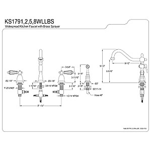 Kingston Brass KS1798WLLBS Widespread Kitchen Faucet with Brass Sprayer, 8-1/2" in Spout Reach, Brushed Nickel