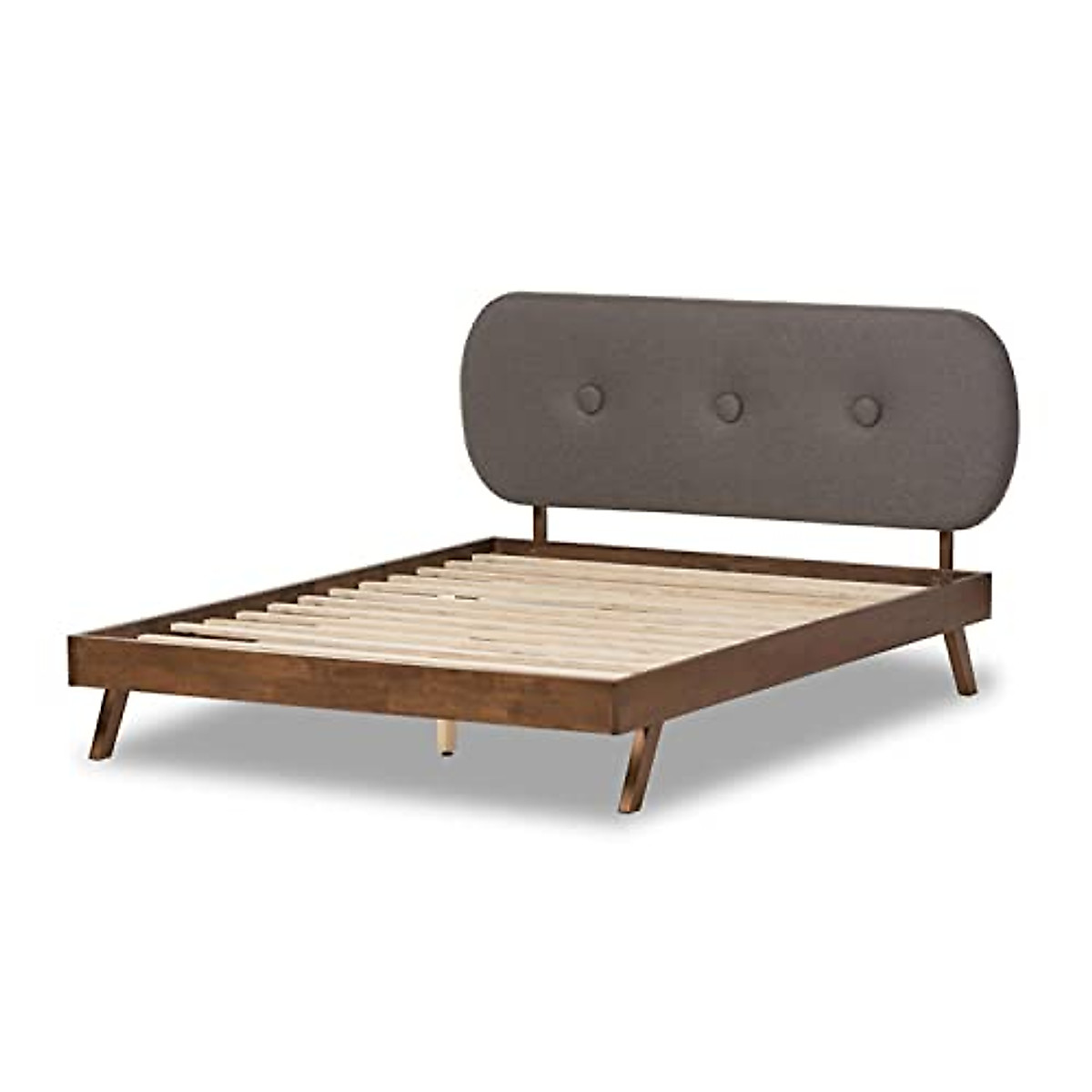 Baxton Studio Penelope Mid-Century Modern Solid Walnut Wood Grey Fabric Upholstered Full Size Platform Bed