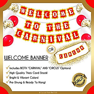 Carnival Circus Party Decorations Supplies Kit | "Welcome To The Carnival" Banner | Carnival Circus Photo Props | Red & White Striped Pennant Banner Flags | 10 White 10 Red & 10 Gold Confetti Balloons