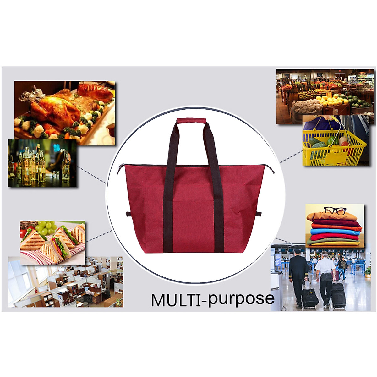 Insulated Grocery Thermal Tote Bags for Frozen Cold Hot Foods, Reusable Insulation Zippered Bag for Shopping, Travel, Picnic or Lunch, Red