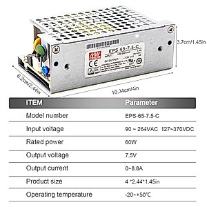 TorqCali EPS-65-7.5-C 65W Single Output Switching Power Supply 7.5V 8.68A, 84% Efficiency, Universal AC Input, Enclosed Type, for Robotics, Automation, and Industrial Applications