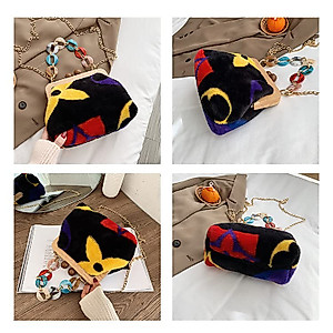 2022 Women's Plush Shoulder Bag Fashion Fluffy Cross-body Bag Soft Date Bag Chain Tote, Y2K Tote Bag Wooden Clip Bag (Colored)