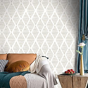 Modern Stripe Peel and Stick Wallpaper Beige and White Contact Paper 17.7” x 78.7” Geometric Wallpaper Self Adhesive Wallpaper Removable Decorative Wallpaper for Bedroom Drawers Cabinets Decor Vinyl