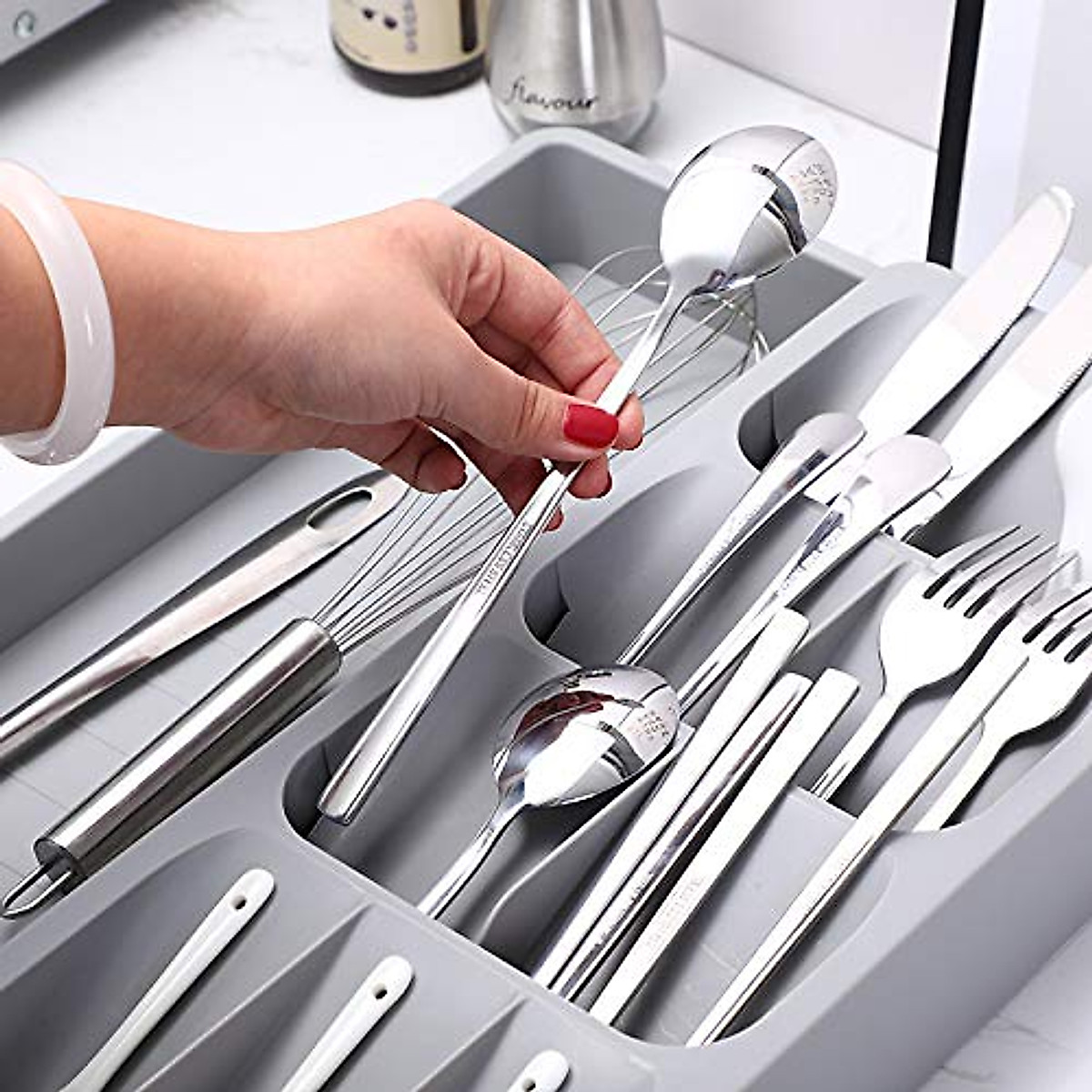 JMSWENJUAN Kitchen Drawer Organizer Tray - Expandable Cutlery Organizer for Flatware Silverware Gadgets