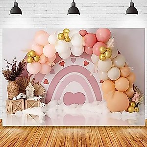 Bohemian Rainbow Backdrop Gold Pampas Grass Boho Birthday Party Decoration Bohemian Cake Smash Photo Background Baby Girls First One Birthday Decorations Baby Shower Cake Smash Banner,5x3ft