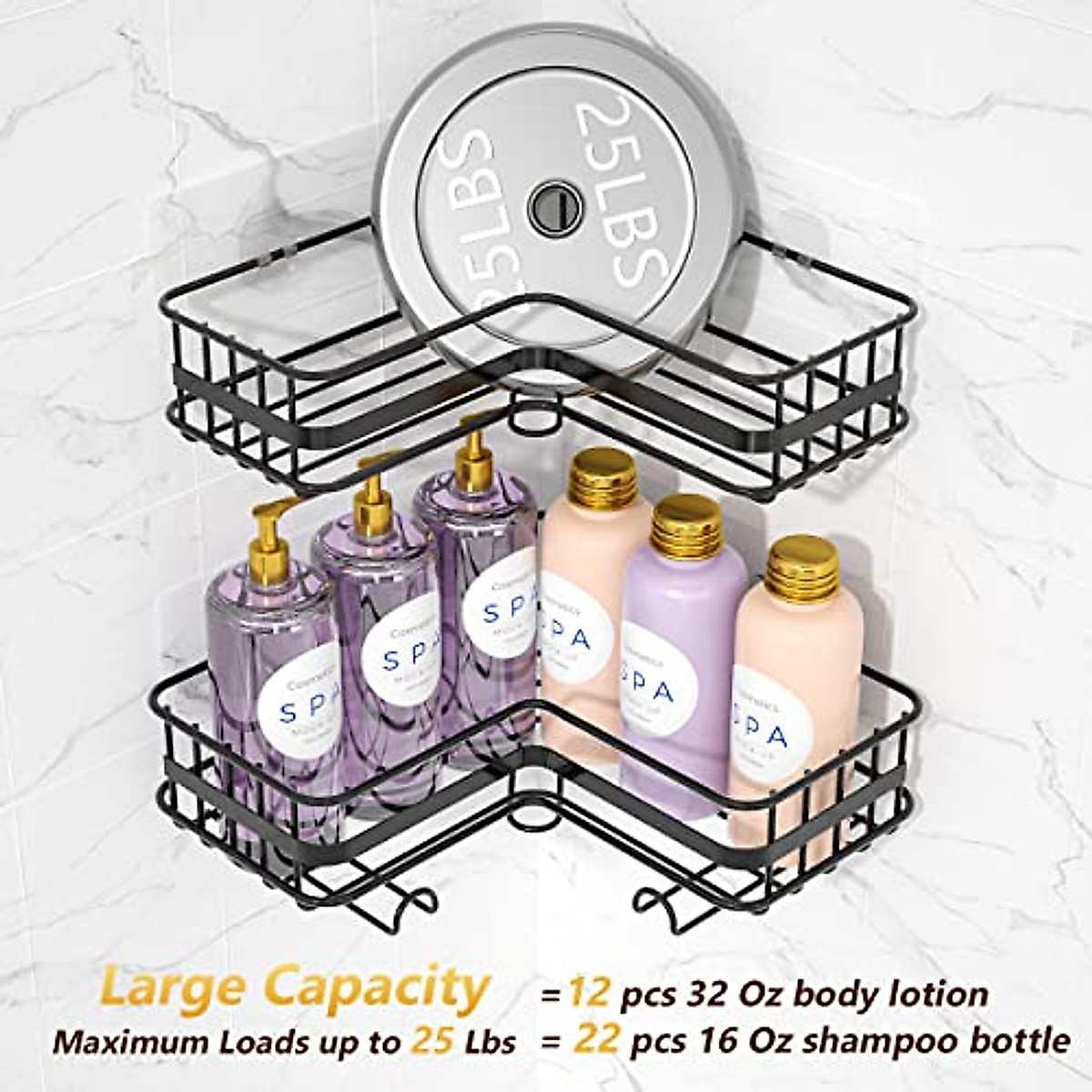 Roseyat Corner Shower Caddy Shelf Basket for Shampoo Stainless Steel, Adhesive Shower Shelf Storage Organizer, No Drilling Shower Shelves For Inside Shower Rack Holder with Hooks-2 Pack Black