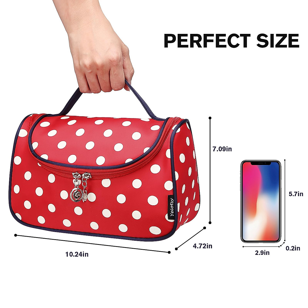 Yeiotsy Travel Makeup Bag Cute, Stylish Polka Dots Cosmetic Bag for Women Hanging Toiletry Bag Organizer (Classic Red)