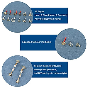 PH PandaHall 96pcs Earring Studs Backs 48pcs 12 Styles Golden Earring Posts Heart Moon Star Rhombus Pad Base with Loops Steel Pin and 48pcs Plastic Earring Backs for DIY Earring Making and Repairing