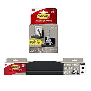 Command Black 4" Floating Wall Ledges, 2 Pack, Holds 2 lbs (HOM23S-2ES) with Picture, Slate, 1-Ledge, 10-Medium Strips (HOM21S-ES), 21"