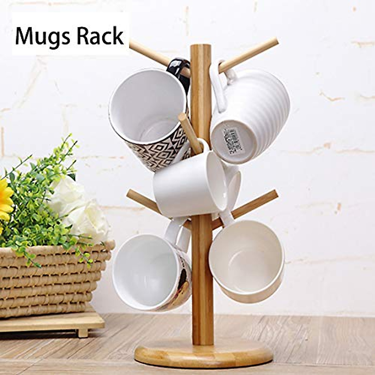 Bamboo Wooden Mug Rack Tree Coffee Tea Cup Organizer Hanger Holder with 6 Hooks Removable Bamboo Mug Stand by AHYUAN