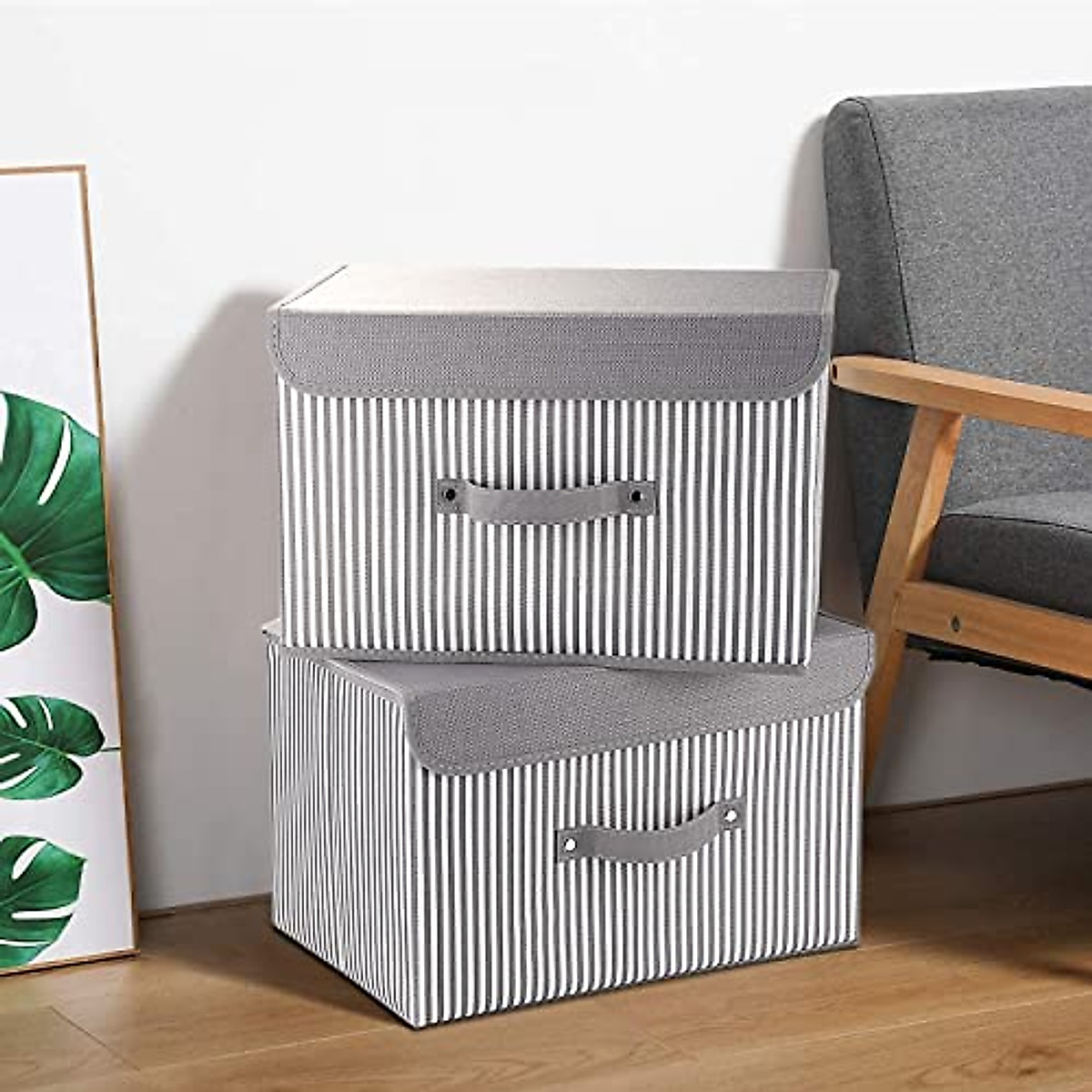 mee'life Foldable Storage Boxes with Lids 2 Pack Linen Fabric Storage Bins with Lids, Closet Organizers and Storage Baskets Cubes for Home Bedroom Closet Office (Grey Stripes, 14.9x9.8x9.8in)
