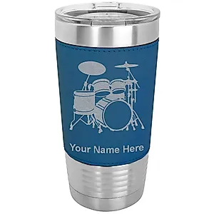 LaserGram 20oz Vacuum Insulated Tumbler Mug, Drum Set, Personalized Engraving Included (Faux Leather, Blue)