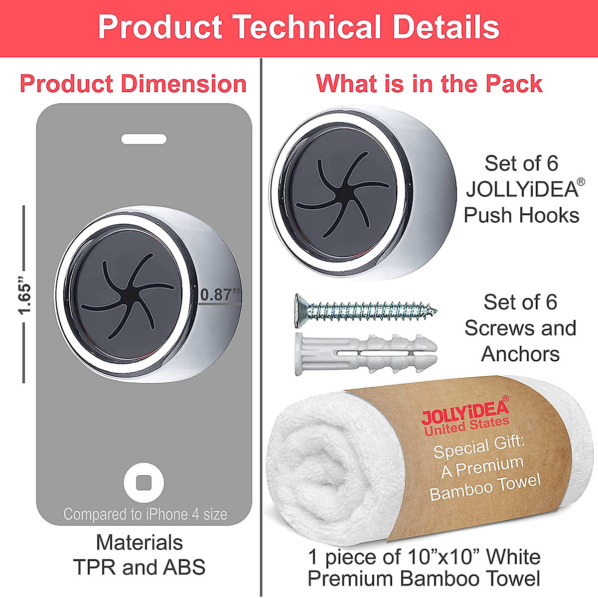 JOLLYiDEA Kitchen Dish Towel Rag Holder - Self Adhesive Push Hooks for Towel Stick On Hook No Drilling Grabber for Kitchen Sink Bathroom Wall Hand Washcloth Hanging Rack, 6 Pack Small Hangers 1 Gift