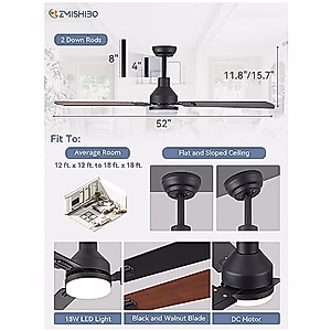 ZMISHIBO 52 Inch Ceiling Fan With Light Remote Control, Indoor And Outdoor LED Ceiling Fans, 3 Color Temperatures, Quiet Reversible DC Motor, Dual Finish Blades (Modern Black & Farmhouse Walnut)