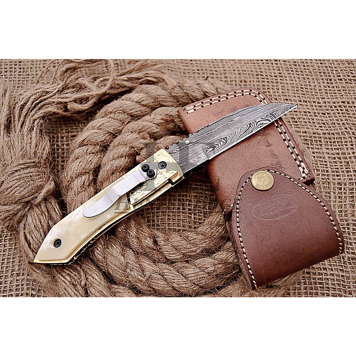 HUNTEX Custom Handmade Hand-Forged Twist Pattern Damascus Steel 4 Inch Long Natural Camel Bone Handle Razor Sharp Camp Hunting Folding Pocket Sheepsfoot Knife with Pocket Clip & Genuine Leather Pouch