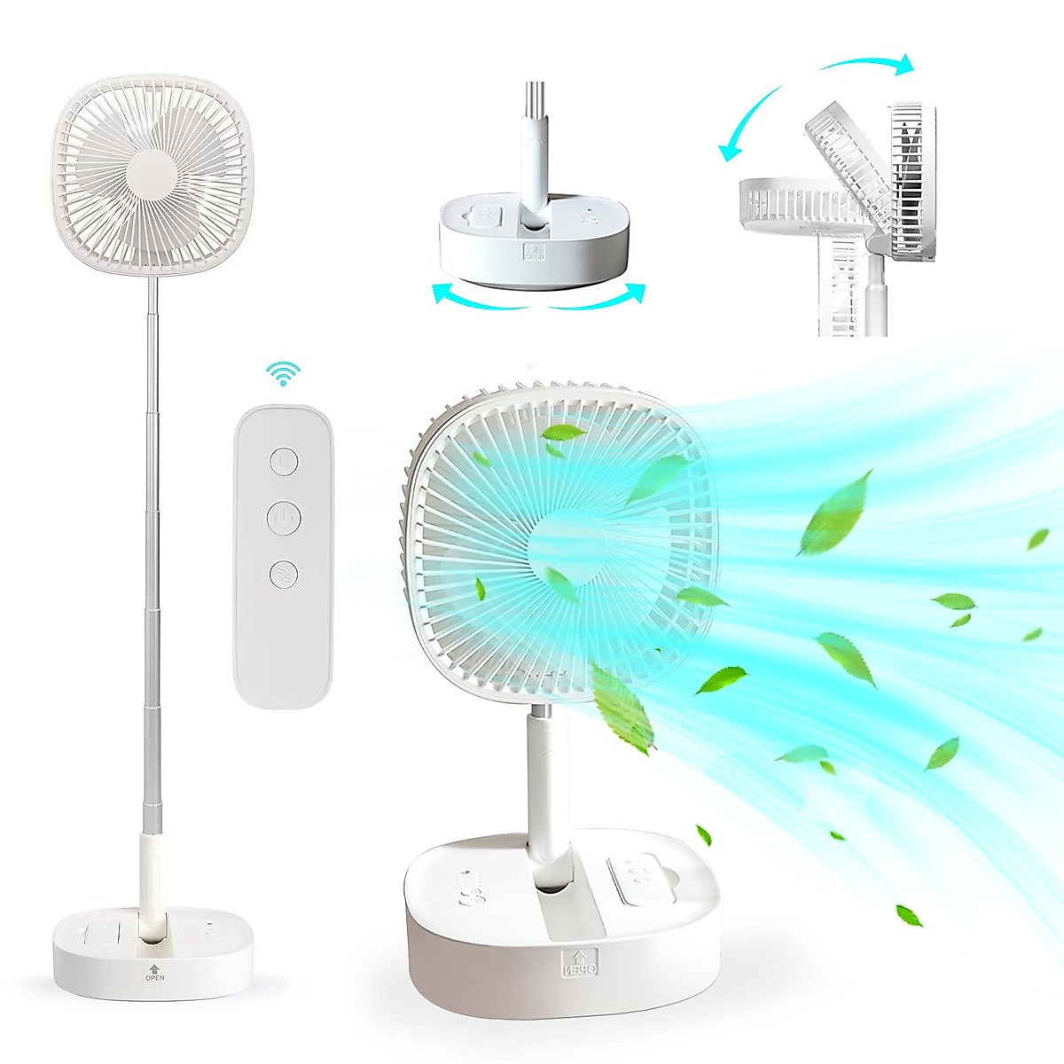 Magesh Oscillating Pedestal Foldable Desk and Floor Fan, Table Fan, Remote Control Telescopic 4 Speed Quiet Timer Fan for Bedroom Camping (White)