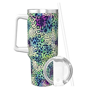 HULIBIN Green Leopard Print Double Deck Stainless Steel Travel Coffee Cup With Lid 40 Oz Ice Bully Cup