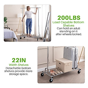 HOKEEPER Clothing Garment Rack with Shelves Capacity 450 lbs Clothing Racks on Wheels Rolling Clothes Rack for Hanging Clothes Heavy Duty Portable Collapsible Commercial Garment Rack Chrome