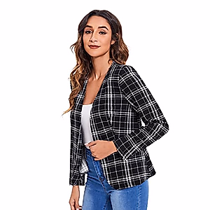 Milumia Women Elegant Open Front Plaid Blazer Work Office Jacket Outwear Z Black and White Medium