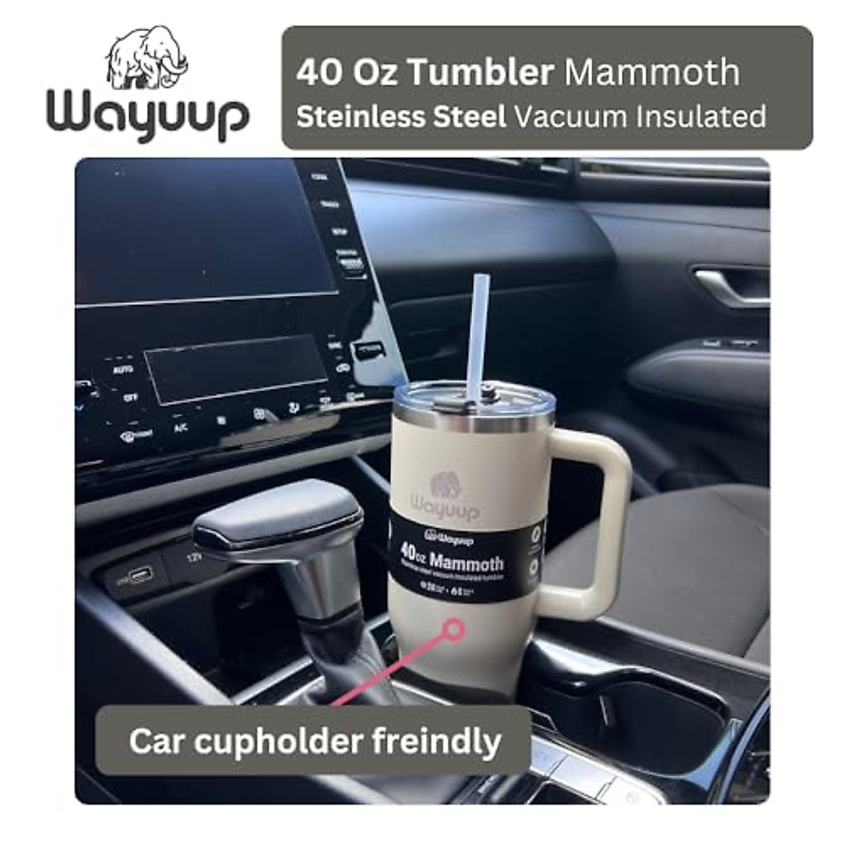Wayuup 40 oz Tumbler with Handle and Straw Lid, Stainless Steel Vacuum Insulated Double Wall Water Bottle Leak-proof, Non Slip more than 24 Hrs or Hot for 6 Hrs (Bone), WPM40