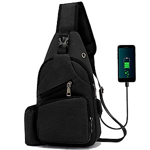 Sling Bag - Shoulder Backpack Chest Bags Crossbody Daypack for Women & Men with USB Charging Port ((12.6 * 7.28 * 2.36 inch)-M-Black)