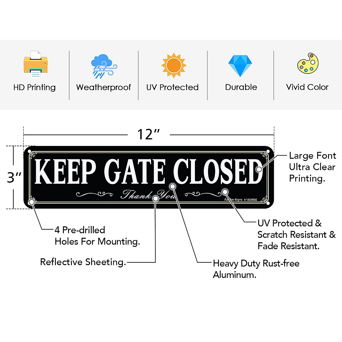 Faittoo Keep Gate Closed Sign, 2-Pack 12 x 3 Inch Reflective Rust Free Aluminum, UV Protected, Weather/Fade Resistant, Easy to Install and Read, Indoor/Outdoors Use