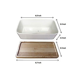 LANKER 6.5 Inch Rectangle White Ceramic Succulent Planter Pot Decorative Cactus Plant Pot Flower Container with Bamboo Tray (Rectangle 6.5 Inch)