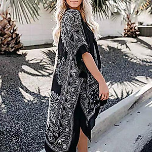Sunyastor Women's Sheer Chiffon Floral Kimono Cardigan Long Blouse Loose Tops Outwear Short Sleeve Summer Cover ups