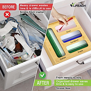 Bamboo ziplock bag storage organizer for kitchen drawer, plastic bag holder, kitchen drawer organizer, drawer oganizer, compatible with veriety of bags as snack, sandwich, gallon,quart size bags