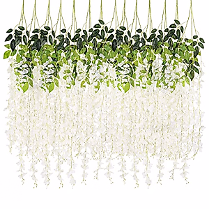 CEWOR 14pcs Wisteria Hanging Flowers 3.6ft Artificial Wisteria Vines Fake Hanging Garland Silk Flowers for Wedding Garden Outdoor Party Home Wall Decoration (White)
