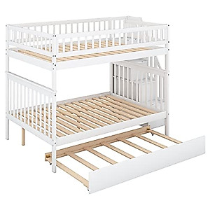 CITYLIGHT Full Over Full Bunk Bed for Adults Kids Teens, Full Over Full Bunk Beds with Trundle,Detachable Wood Full Bunk Bed with Staircase and Bookcase,White