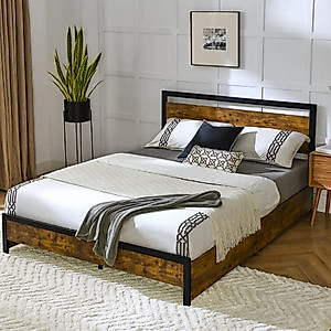 LAGRIMA Queen Size Bed Frame with 4 Drawers, Metal Platform Storage Wooden Headboard & Large Space, Mattress Foundation Slat Support, No Box Spring Needed, Easy Assembly, Rustic Brown, (BT-832)