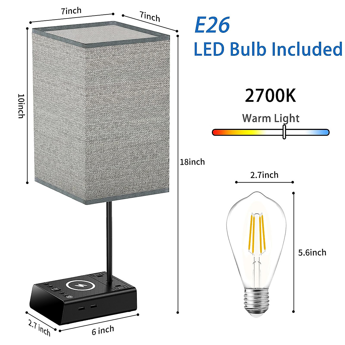 Bedside Lamp with USB Ports & AC Outlets, 15W Wireless Charger Table Lamp with Clock, 3 Way Dimmable Nightstand Lamps for Bedroom Living Room,Touch Lamp with Charging Station,Grey Shade & Black Base