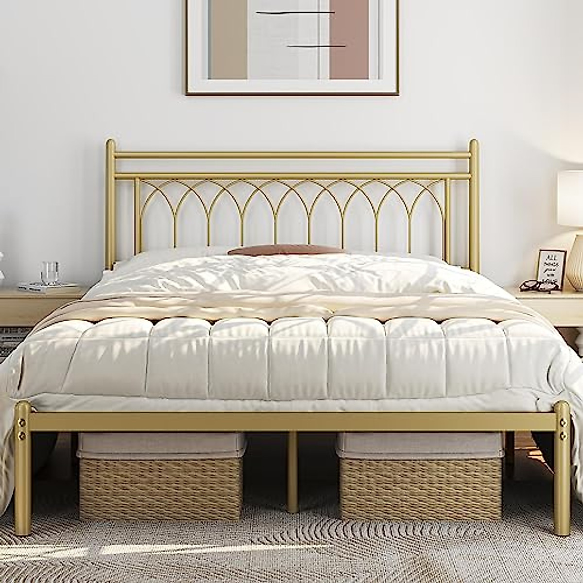 Yaheetech Queen Size Bed Frame Metal Platform Bed with Petal Accented Headboard, Mattress Foundation with Spacious Underbed Storage,No Box Spring Needed, Easy Assembly Queen Bed Frame, Antique Gold