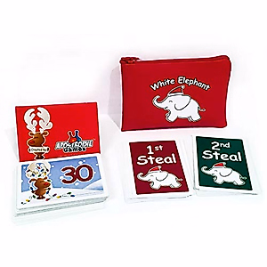 Apostrophe Games White Elephant Card Set, 50 Christmas Themed Cards and Carrying Pouch, White Elephant Exchange Card Set