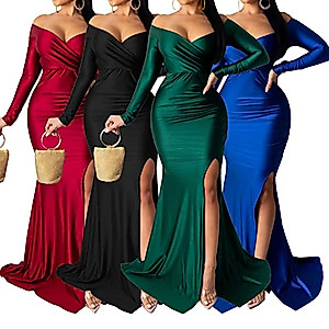 Uni Clau Women Sexy Off Shoulder V Neck Long Sleeve Ruched Maxi Dress High Split Formal Party Gown Nigh Maxi Dresses Black M