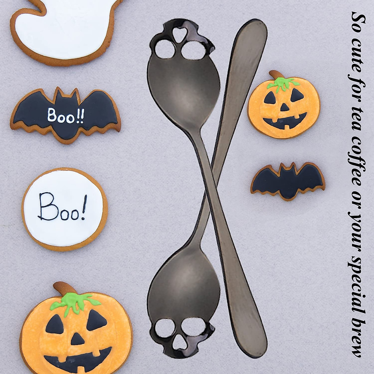 304 Stainless Steel Sugar Skull Tea Spoons Coffee Stirring Slotted Metal Spoon Set -Black 6 Pack