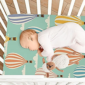 WELLDAY Hot Air Balloon Clouds Crib Sheets for Boys and Girls, Fitted Baby Crib Sheets Soft and Breathable Mini Crib Sheets 52 X 28 X 9 Inches