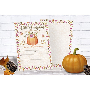 Pumpkin Fall Baby Shower Invitations, A7 Size Envelopes Included, Premium Heavy-weight Card Stock, Two Sided, Autumn Floral Design, 20 Count Pack