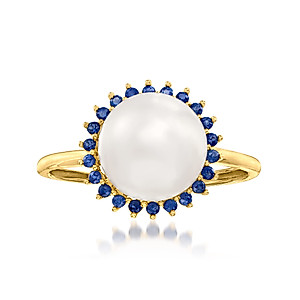 Ross-Simons 9-9.5mm Cultured Pearl and .20 ct. t.w. Sapphire Halo Ring in 14kt Yellow Gold. Size 6