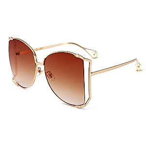 Armear Women Oversized Semi Rimless Sunglasses Retro Gold Metal Frame Brown Lens Fashion Pearl Design 64mm