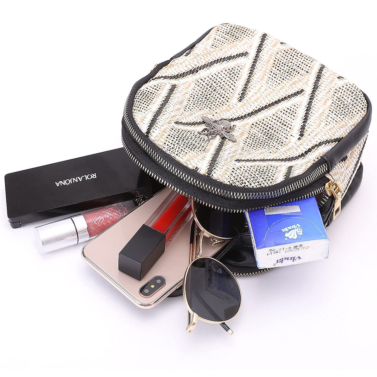 Small Crossbody Bags Shoulder Bag for Women Bee Stylish Lady Fashion Cute Purse Mini Handbag straw rope design hollow-carved (Black3)