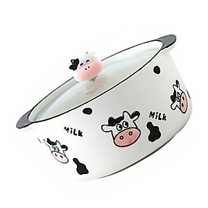 BESTonZON Ceramic Soup Bowl Soup Crock with Handles and Lid Cute Cow Design Casseroles Dishes Serving Bowls for Cereal Stew Chill Beef Stew Pot Pies Instant Noodle Oven Dishwasher Safe