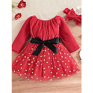 Spring hue Infant Toddler Girls Valentines Day Dress Outfit Love Heart Printed Velvet Long Sleeve Belted Tulle Dress A red 18-24 Months