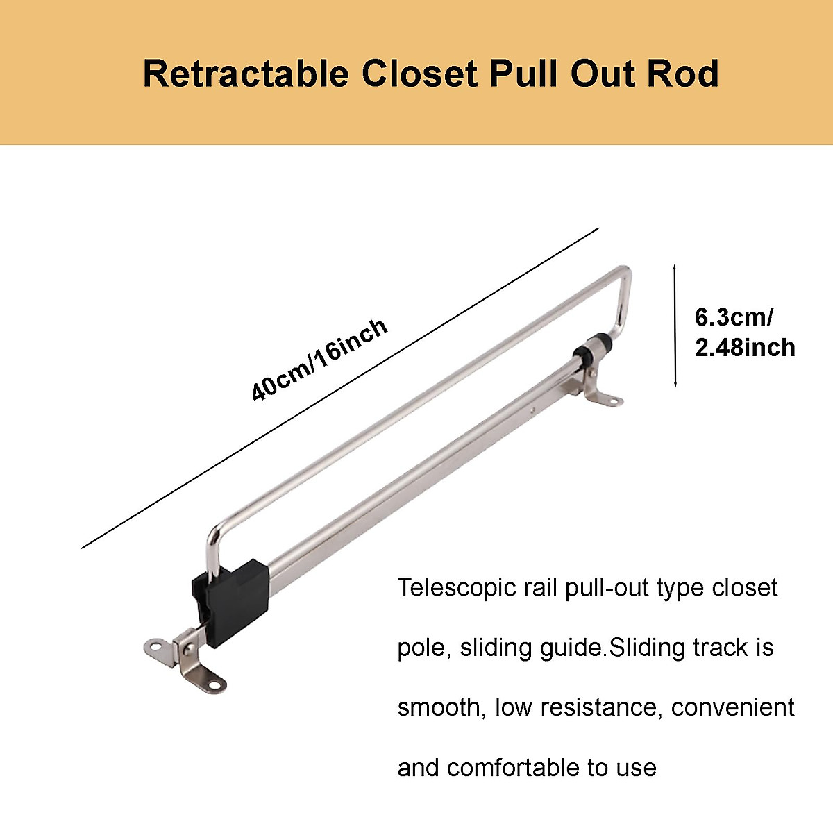 Adjustable Closet Rod, Retractable Closet Pull Out Rod Wardrobe Clothes Hanger Rail Towel, Extending Rail Pull Out Hanger Closet Valet Rod Rail Sliding, Storage Organiser(16 Inch)